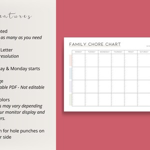 Family Chore Chart Printable Landscape, Weekly Household Chores for ...