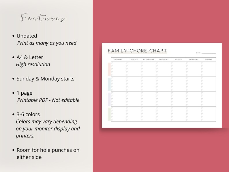 Family Chore Chart Printable Landscape, Weekly Household Chores for ...