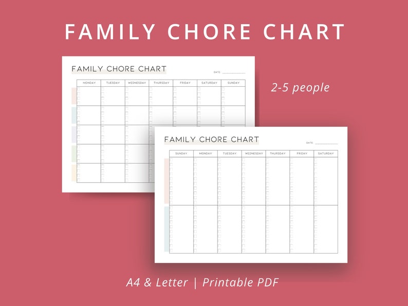 Family Chore Chart Printable Landscape, Weekly Household Chores for ...
