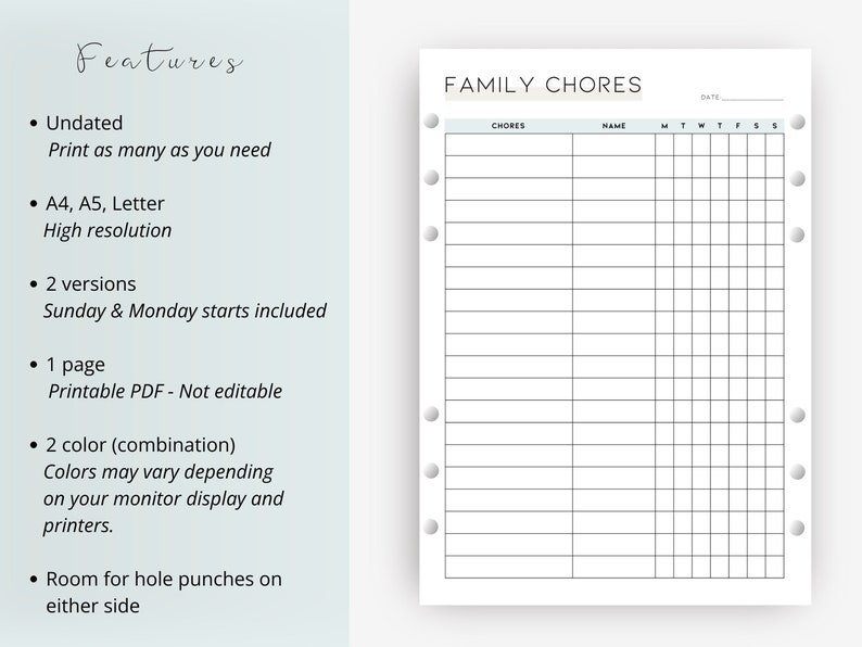 Simple Weekly Family Chores Printable, Kids&adults House ...