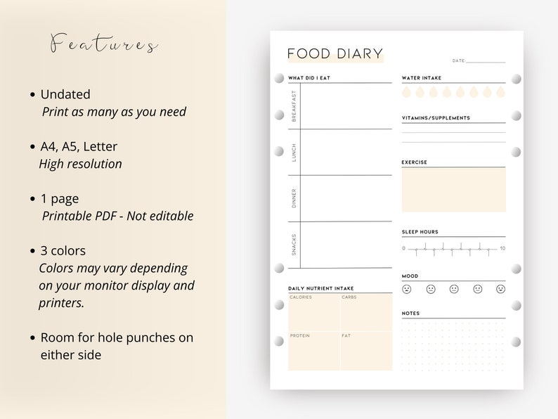 Daily Food Diary Printable, Food Journal, Vitamin Intake, Water Intake ...