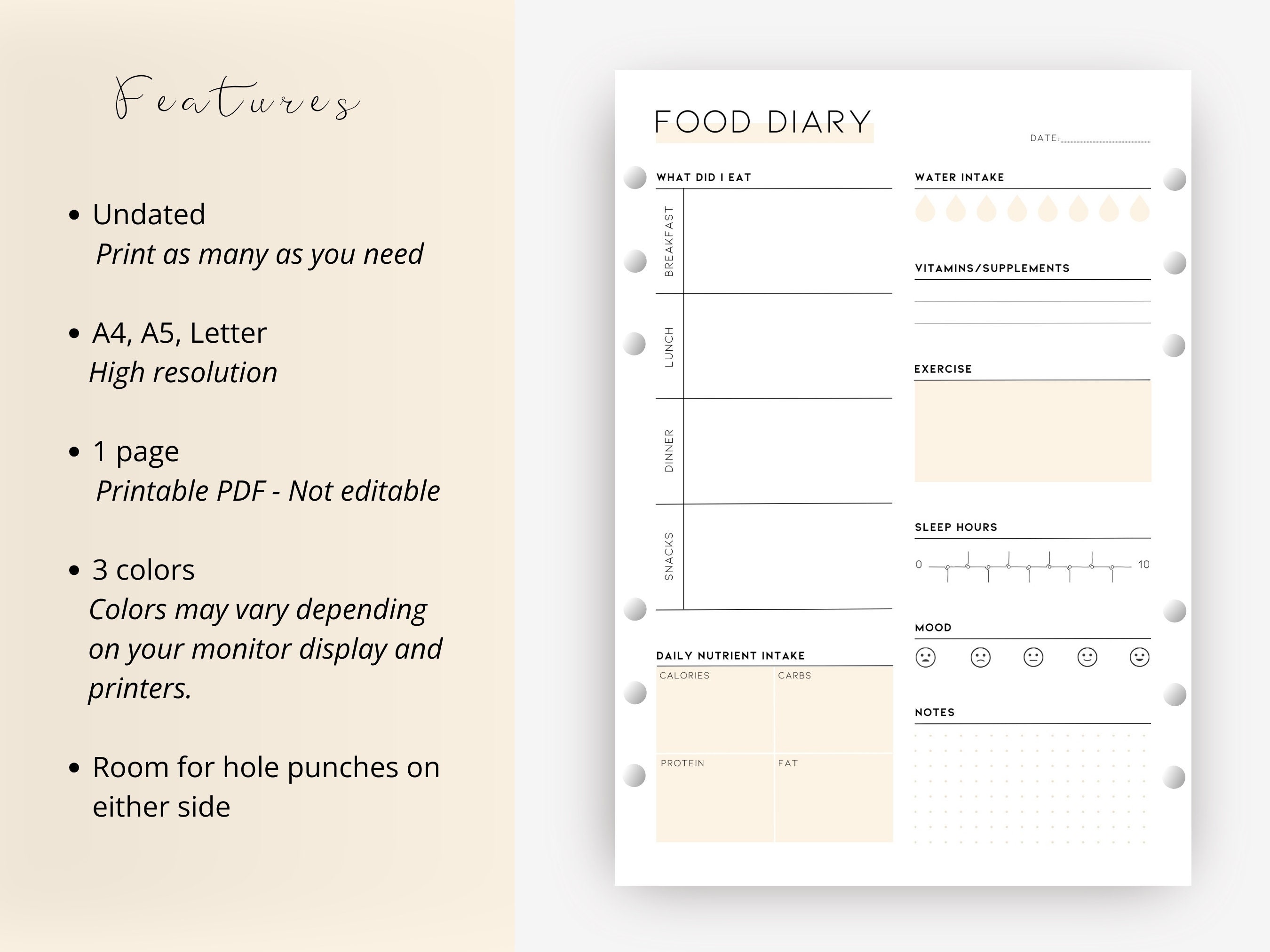 Daily Food Diary Printable, Food Journal, Vitamin Intake, Water Intake ...