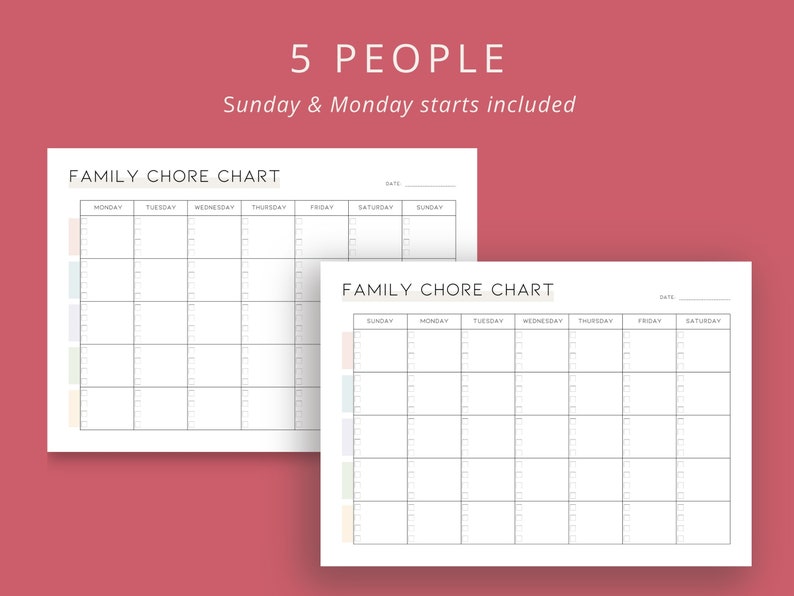 Family Chore Chart Printable Landscape, Weekly Household Chores for ...