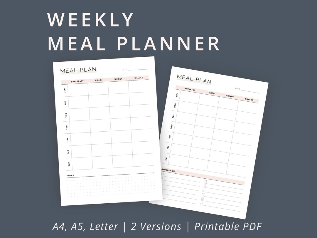 Weekly Meal Plan Printable, 7-day Menu, Grocery List (PDF) - Etsy