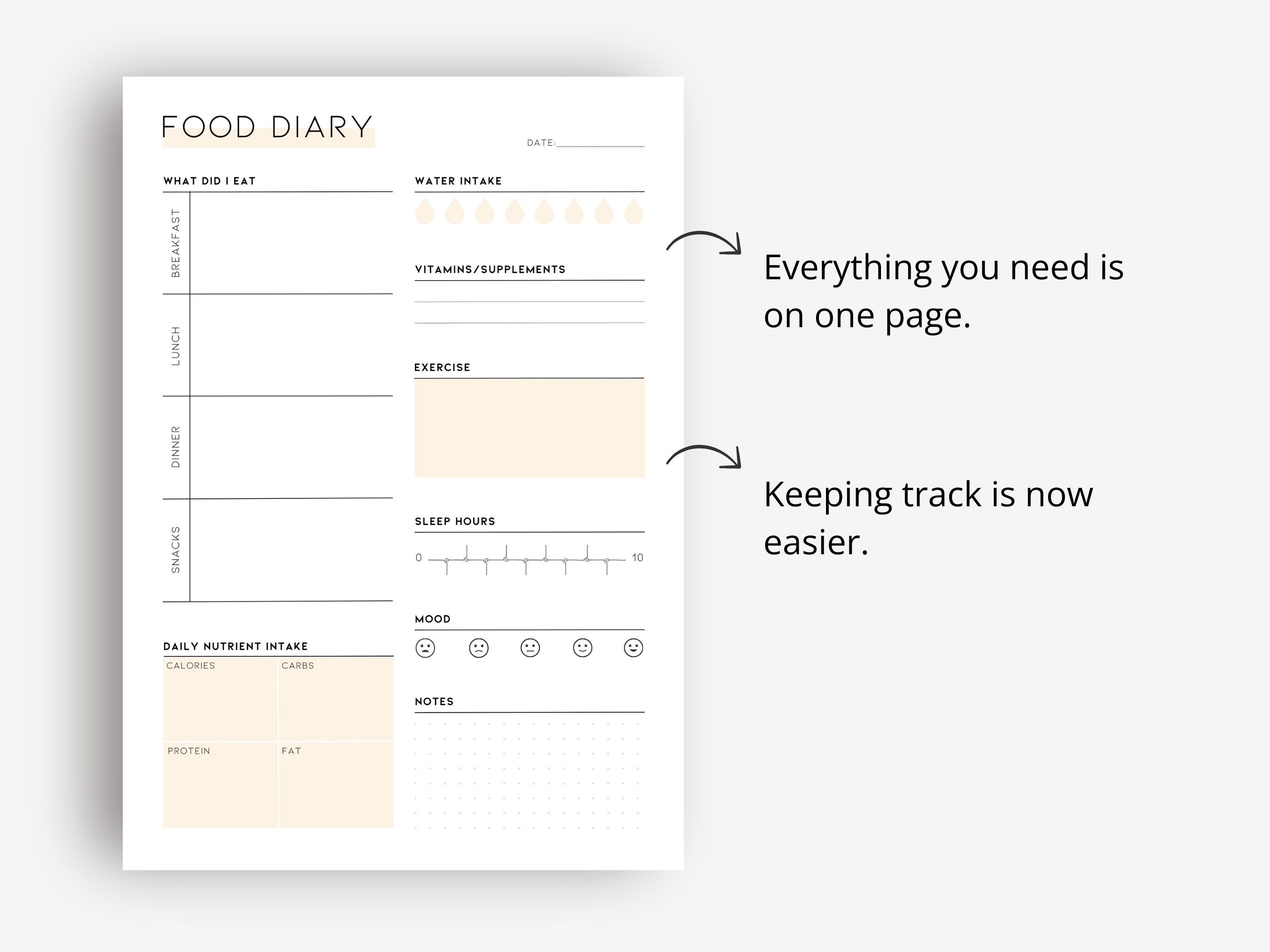 Daily Food Diary Printable, Food Journal, Vitamin Intake, Water Intake ...