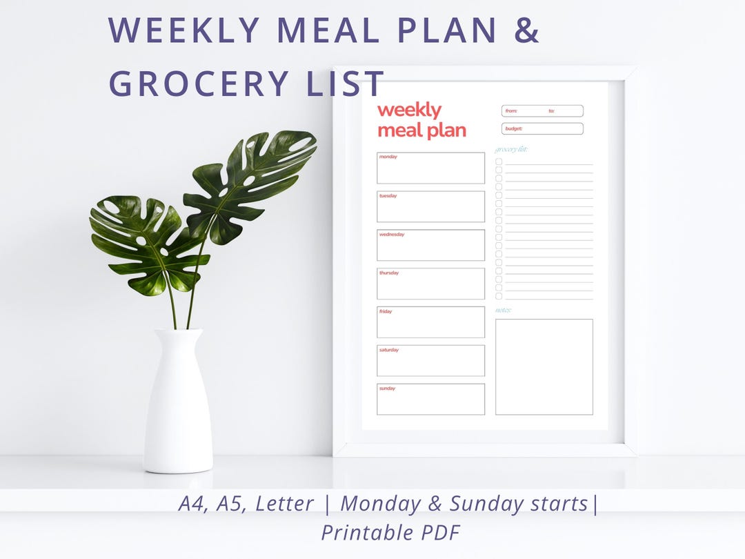 Weekly Meal Planner, Printable Minimalist Meal Planner, Simple Grocery ...