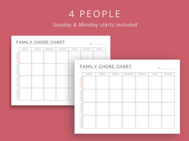 Family Chore Chart Printable Landscape, Weekly Household Chores for ...