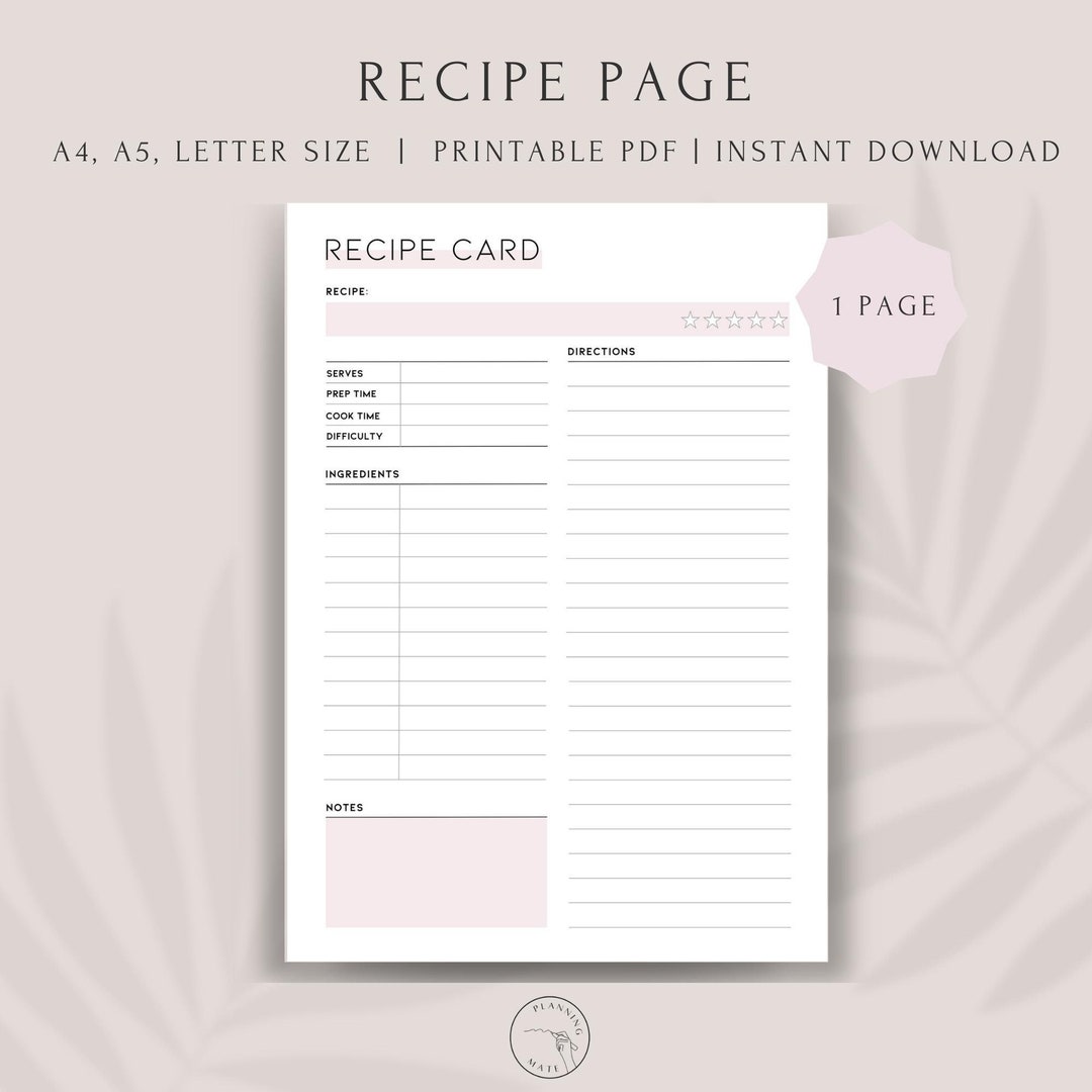 Recipe Page Printable Recipe Template Printable Recipe Card - Etsy