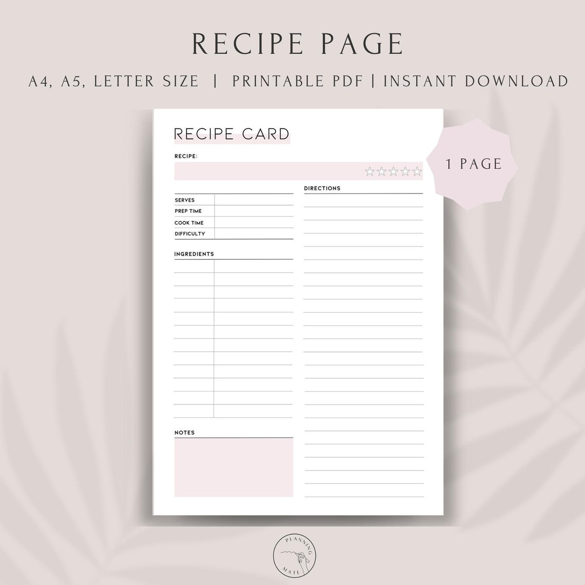 Recipe Page Printable Recipe Template Printable Recipe Card - Etsy