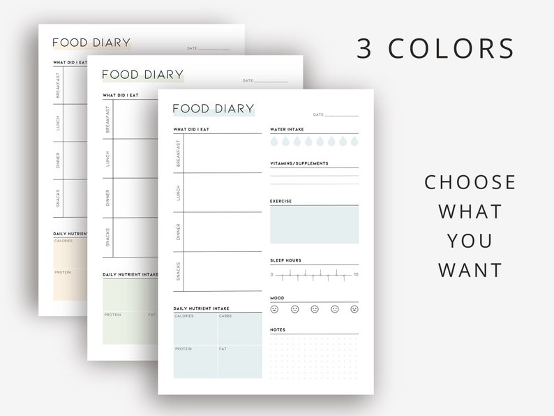 Daily Food Diary Printable, Food Journal, Vitamin Intake, Water Intake ...