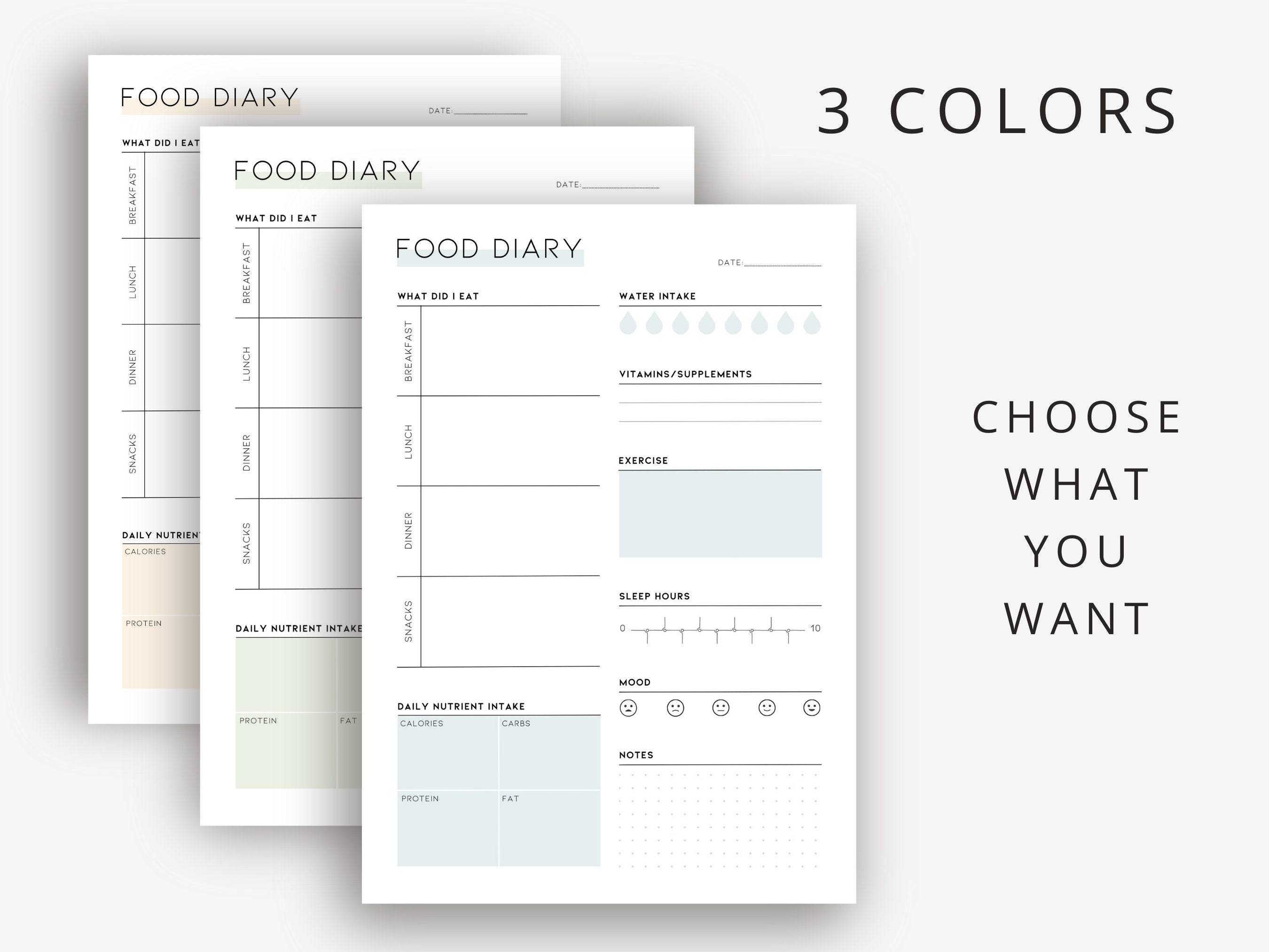 Daily Food Diary Printable, Food Journal, Vitamin Intake, Water Intake ...
