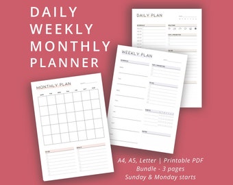 Daily Weekly Monthly Printable Planner Bundle, Undated Planner ...