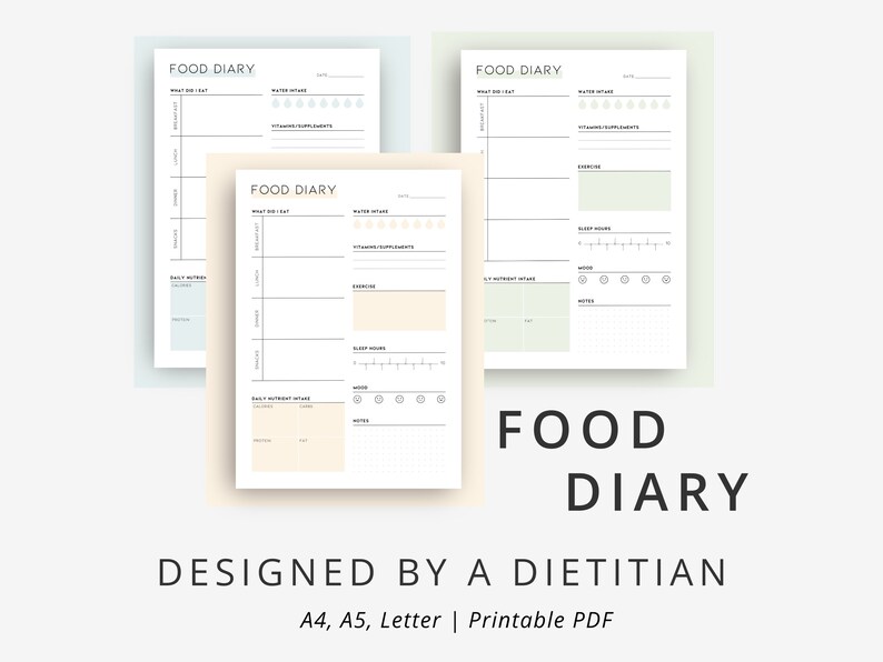 Daily Food Diary Printable, Food Journal, Vitamin Intake, Water Intake ...