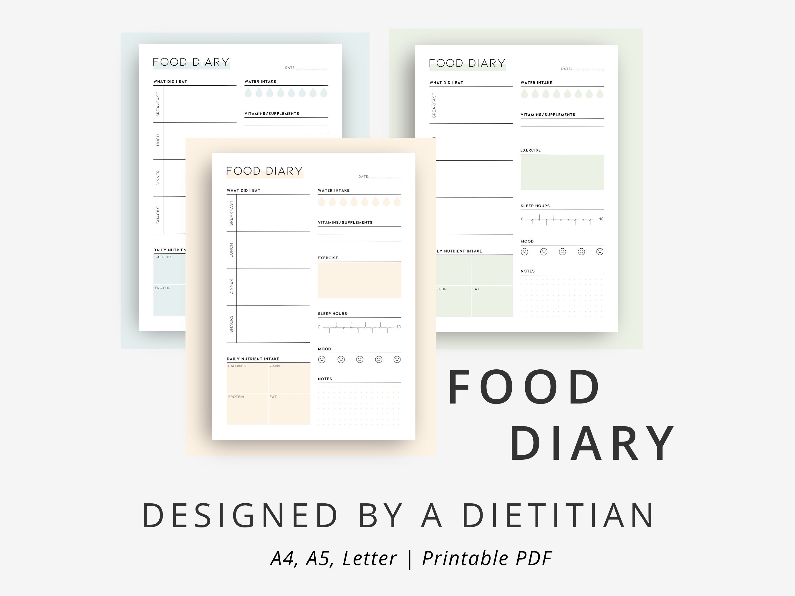 Daily Food Diary Printable, Food Journal, Vitamin Intake, Water Intake ...