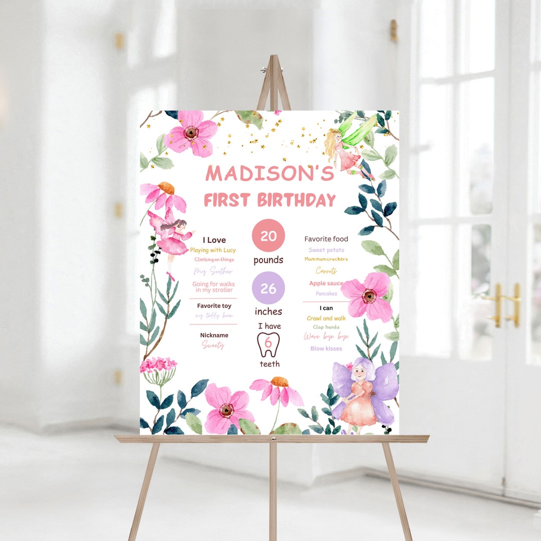 Editable Fairy First Birthday Party Milestones Sign, Printable Fairy ...