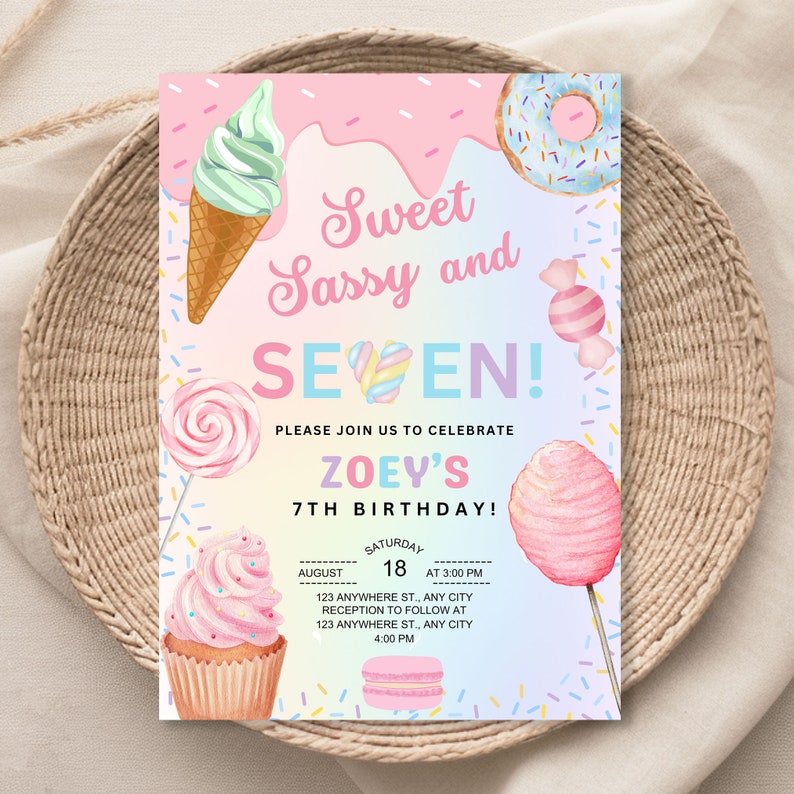 Candy SWEET SASSY and SEVEN Girl Birthday Invitation, Birthday Invite ...