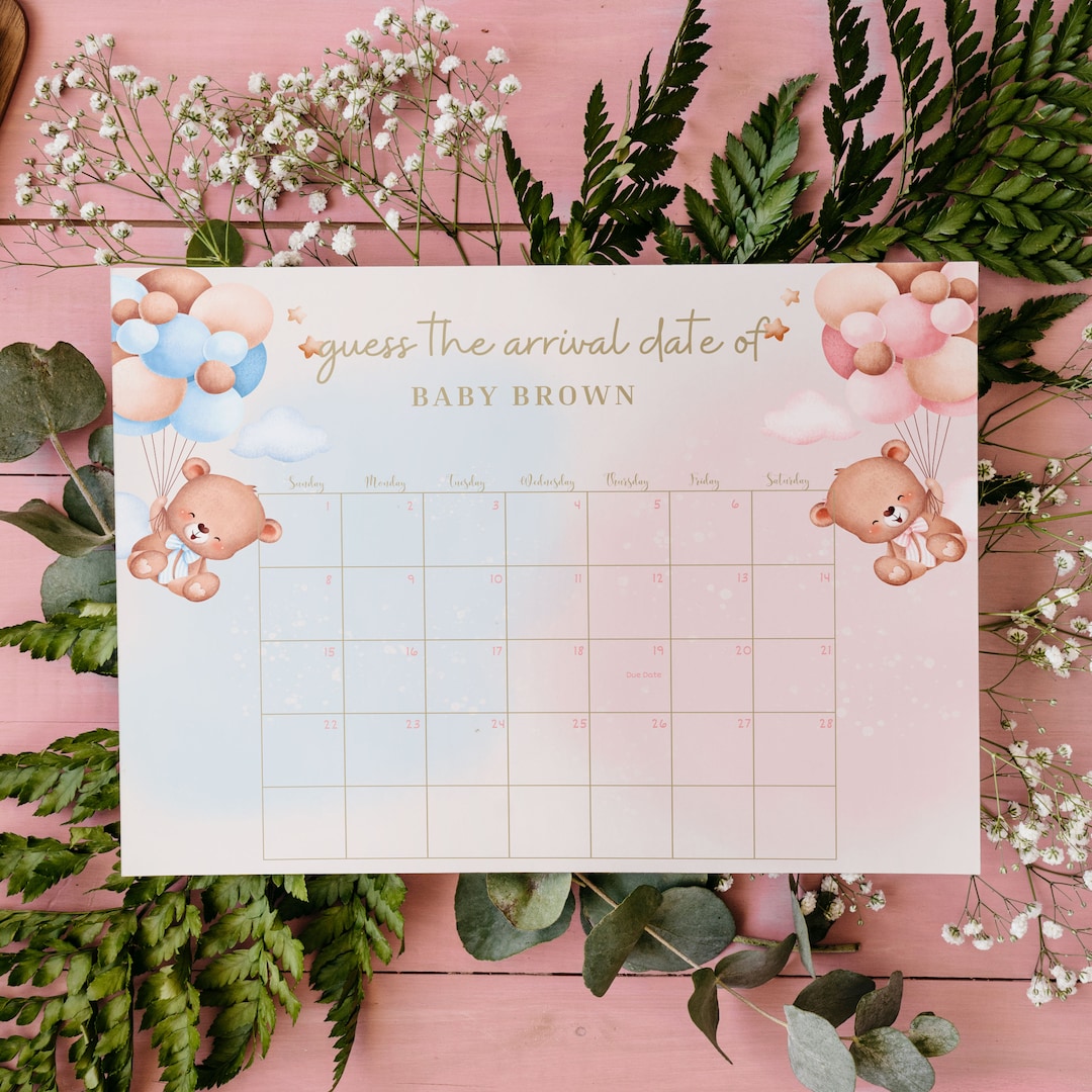 Editable Teddy Bear Due Date Calendar, Guess Birth Date, Guess Baby ...