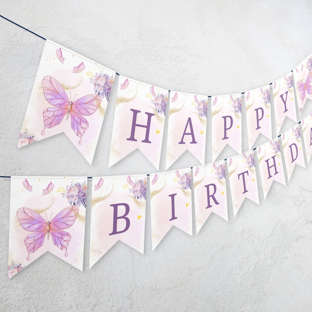 Happy Birthday Banner Butterfly Floral Pin Birthday Banner Girl ...