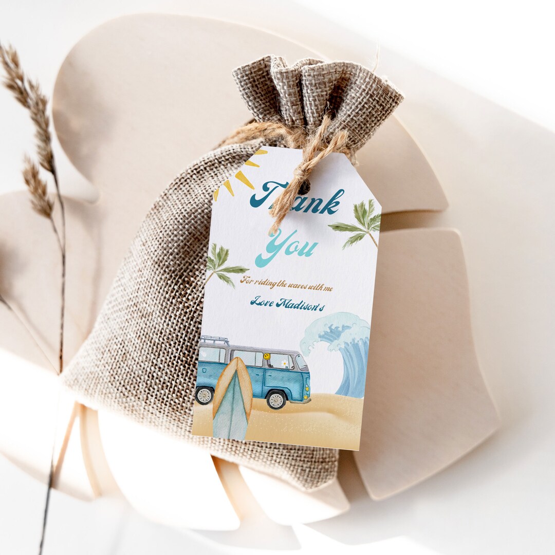 Editable Surf's up Birthday Party Thank You Tags Retro Surfboard Beach ...