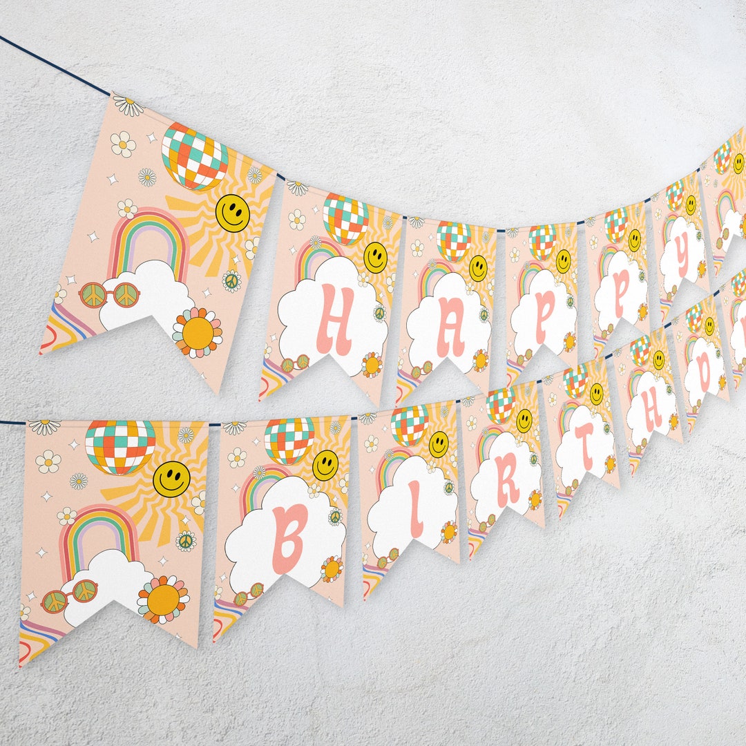 Happy Birthday Banner Groovy Birthday Banner Girl Retro Birthday Party ...