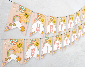 Happy Birthday Banner Daisy Birthday Banner Girl Groovy Birthday Party ...