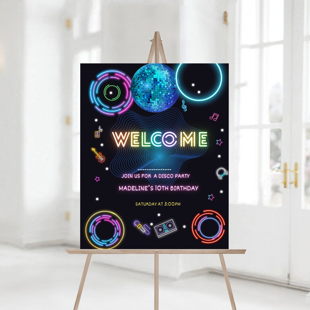 Editable Disco Party Birthday Party Welcome Sign, Glow Party, Disco ...