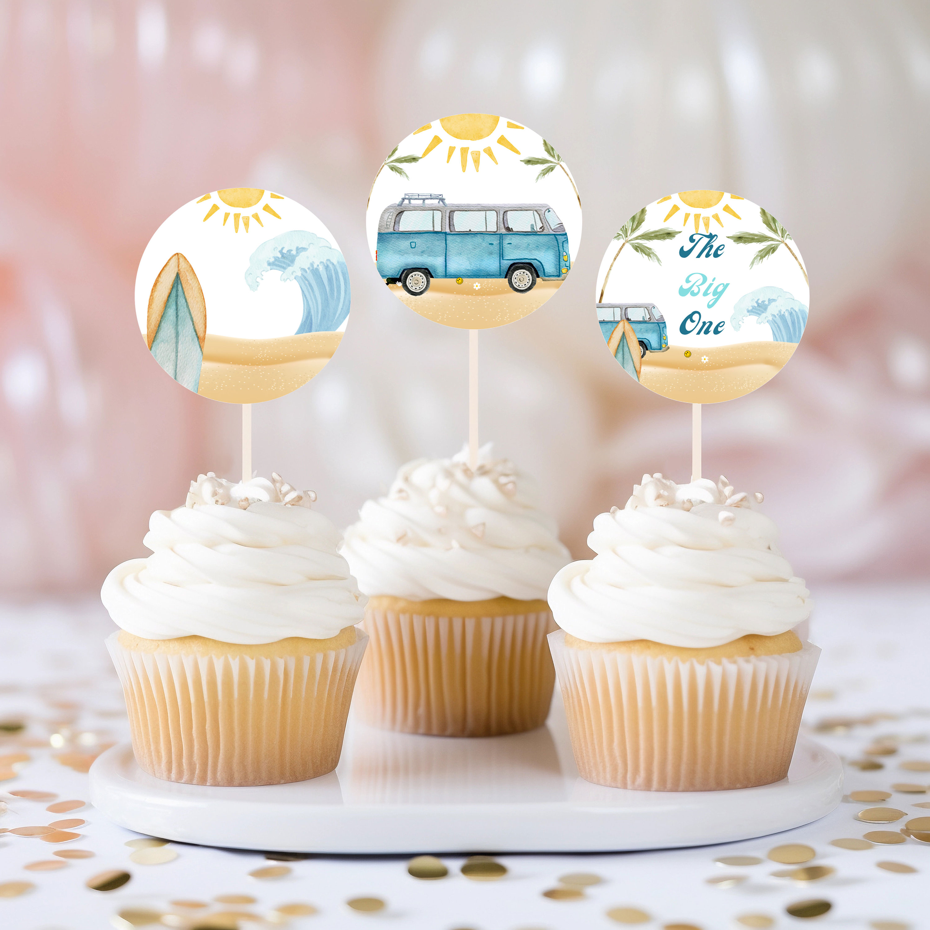 Editable Surf's up Birthday Party Cupcake Topper Retro Surfboard Beach ...