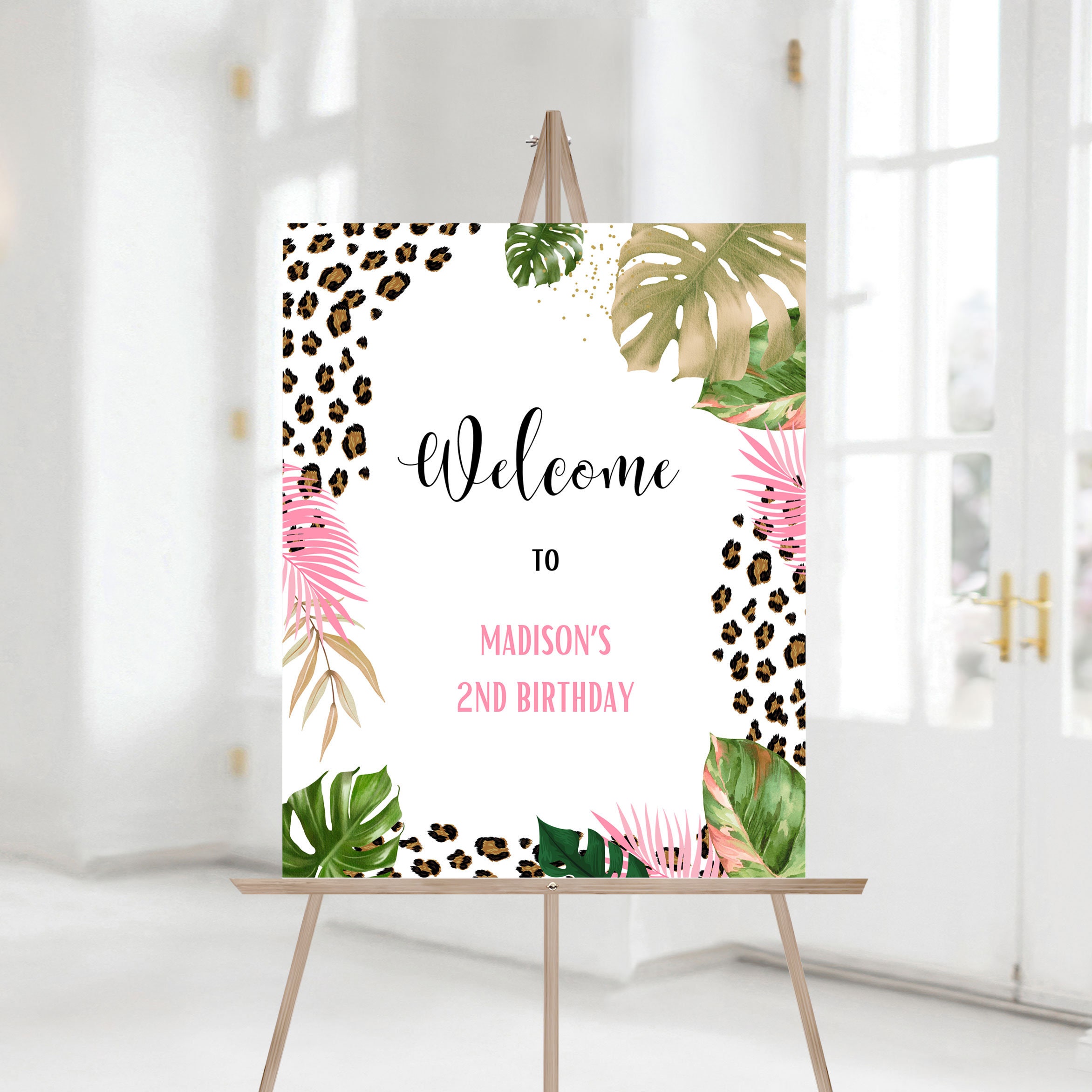 Editable Wild Leopard Print Birthday Welcome Sign 2nd Birthday Jungle ...