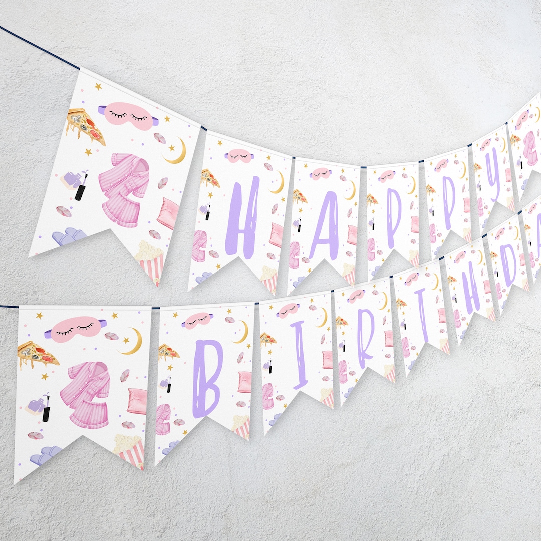 Editable Slumber Party Happy Birthday Banner, Sleepover Birthday Invite ...