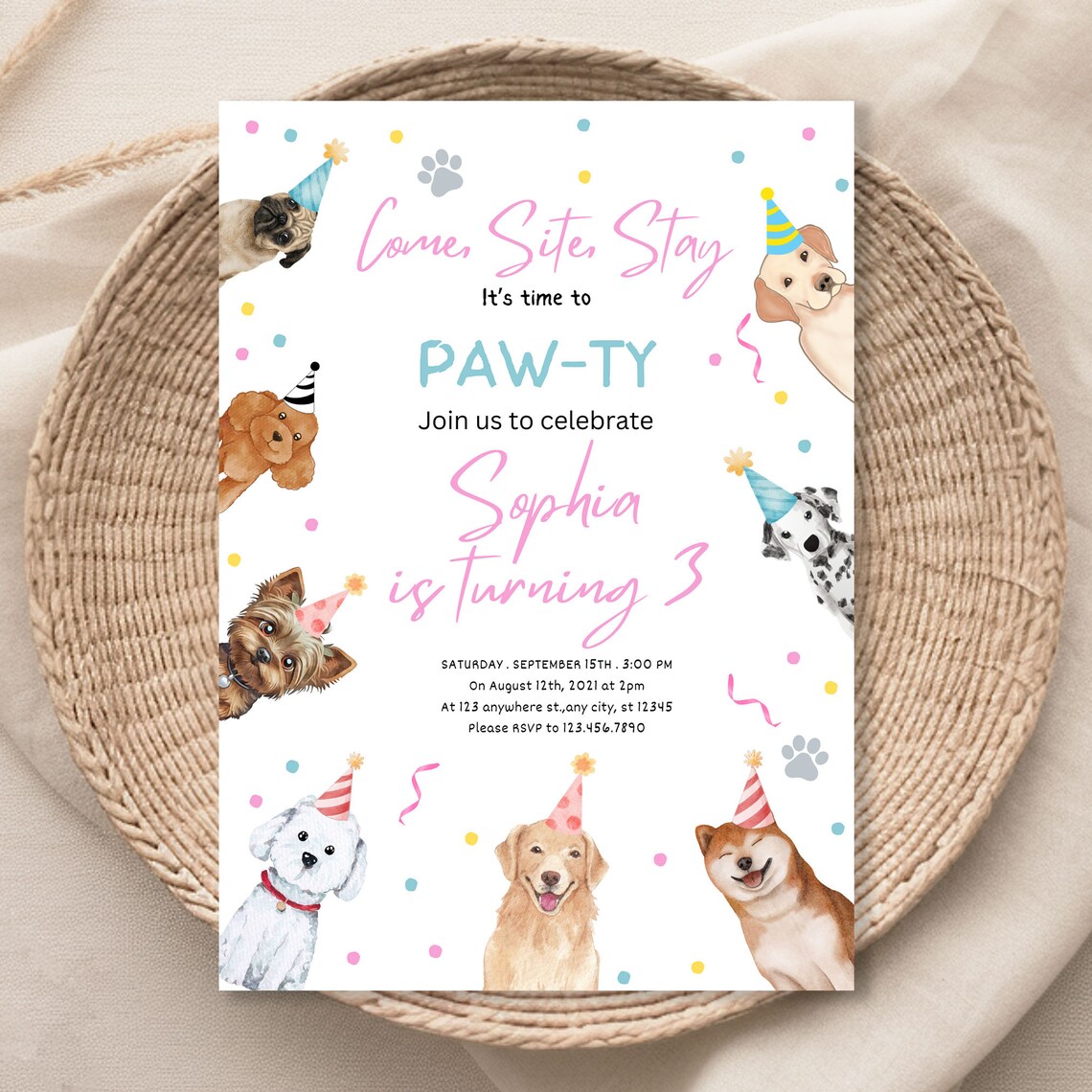 Editable Dog Birthday Party Invitation Puppy Birthday Invite Pink Girl ...