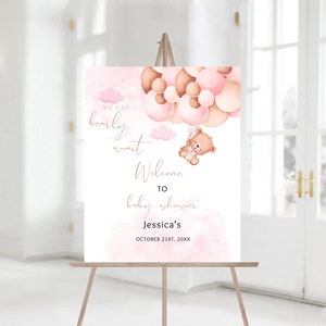 Editable Teddy Bear Baby Shower Welcome Sign, Pink Balloon Baby Shower ...