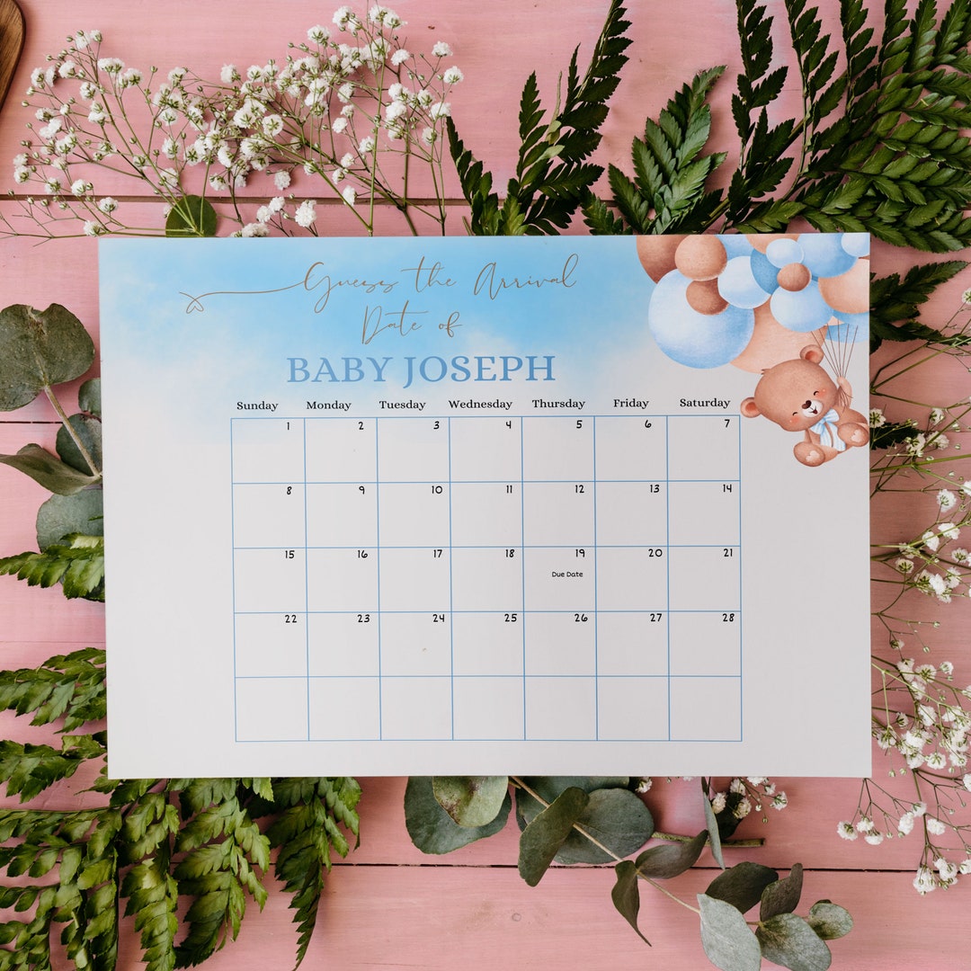 Editable Bear Baby Shower Due Date Calendar, Guess Birth Date, Guess ...