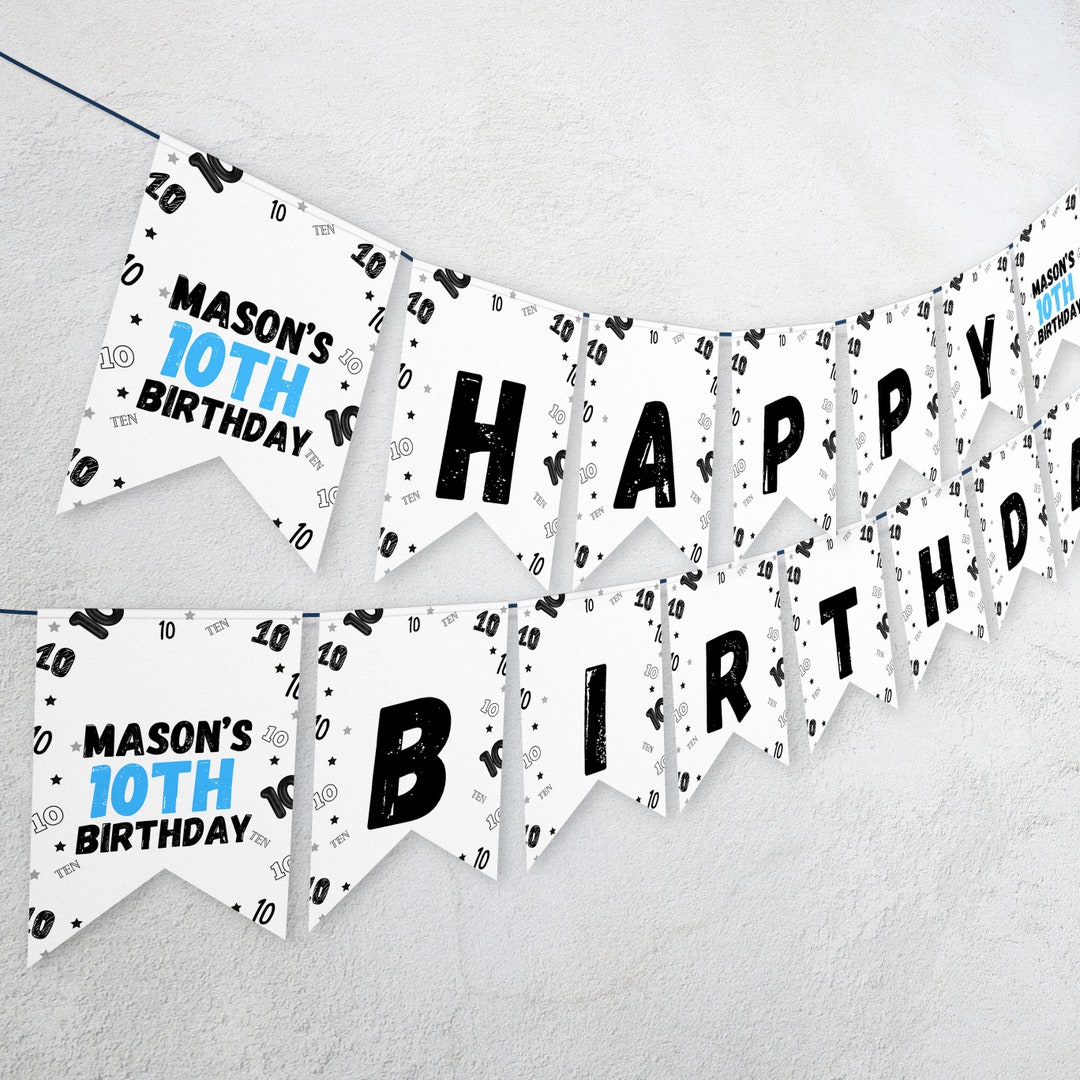 Editable Boy 10th Happy Birthday Banner, Boy Birthday, 10th Birthday ...