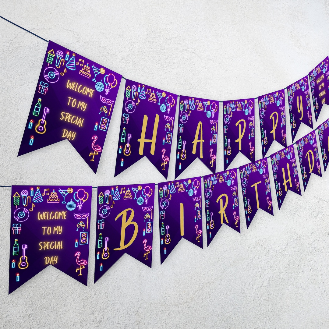 Editable Pool Party Glow Water Park Birthday Banner, Tropical Neon Pool ...