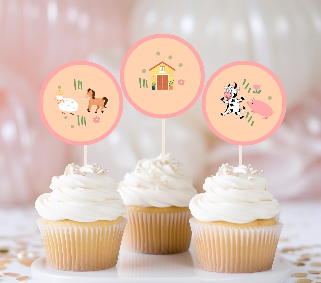 Pink Farm Birthday Cupcake Toppers Favor Tags Barnyard Birthday Party ...