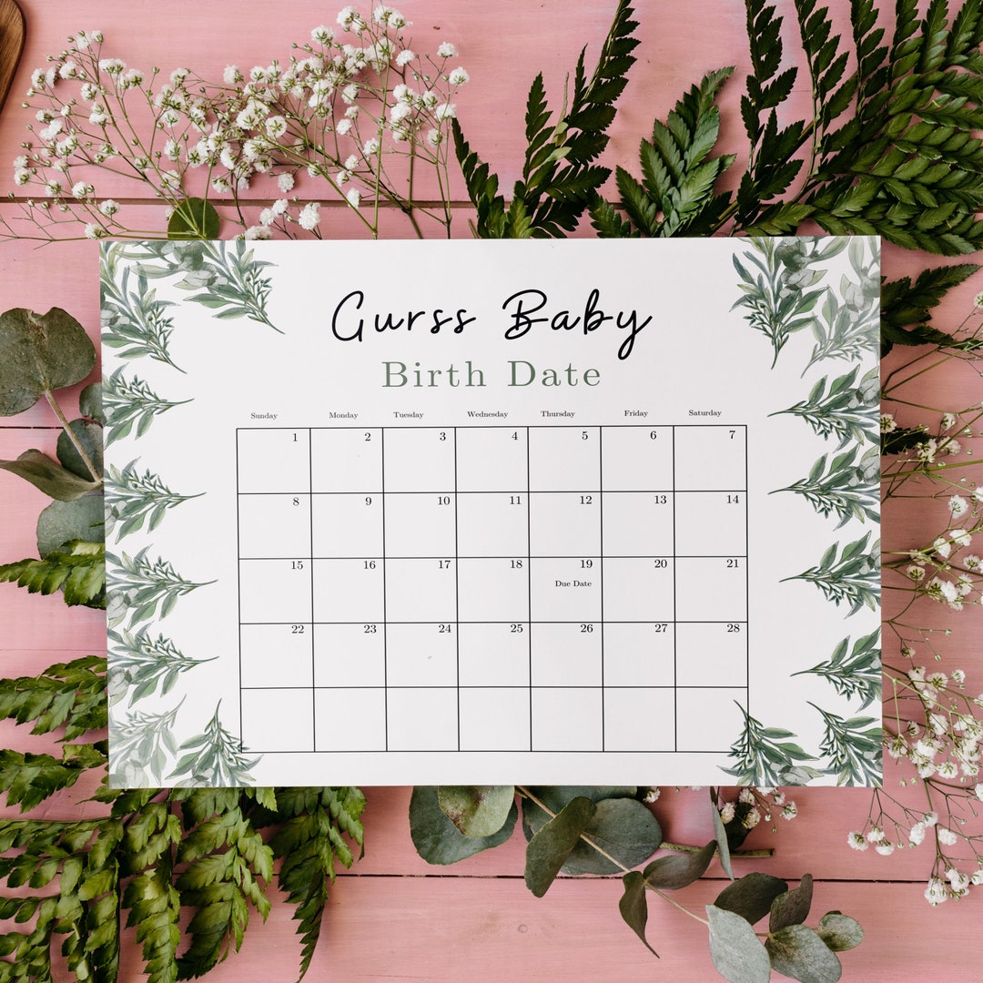 Editable Greenery Baby Shower Due Date Calendar, Guess Birth Date ...