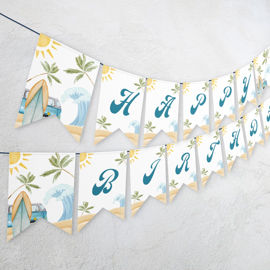 Editable Surf's up Birthday Party Banner Retro Surfboard Beach Party ...