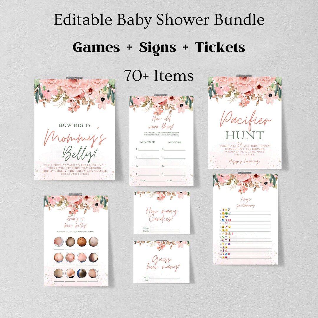 Blush Pink Floral Baby Shower Games Bundle, Editable Baby Shower Games ...