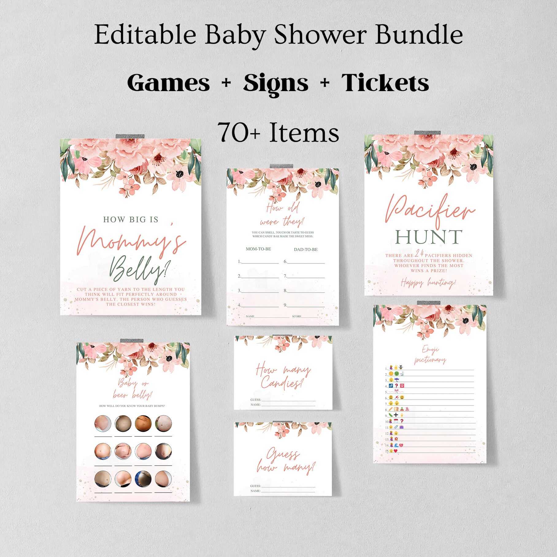 Blush Pink Floral Baby Shower Games Bundle, Editable Baby Shower Games ...