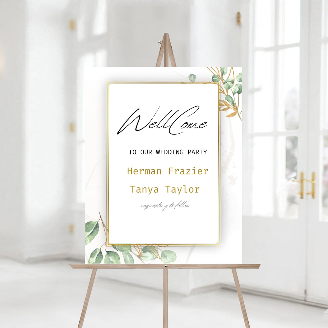 ROYALTY Eucalyptus and Gold Frame Welcome Sign Template, Greenery ...