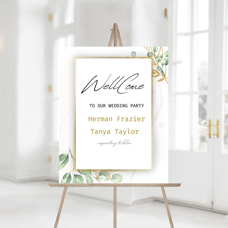 ROYALTY Eucalyptus and Gold Frame Welcome Sign Template, Greenery ...