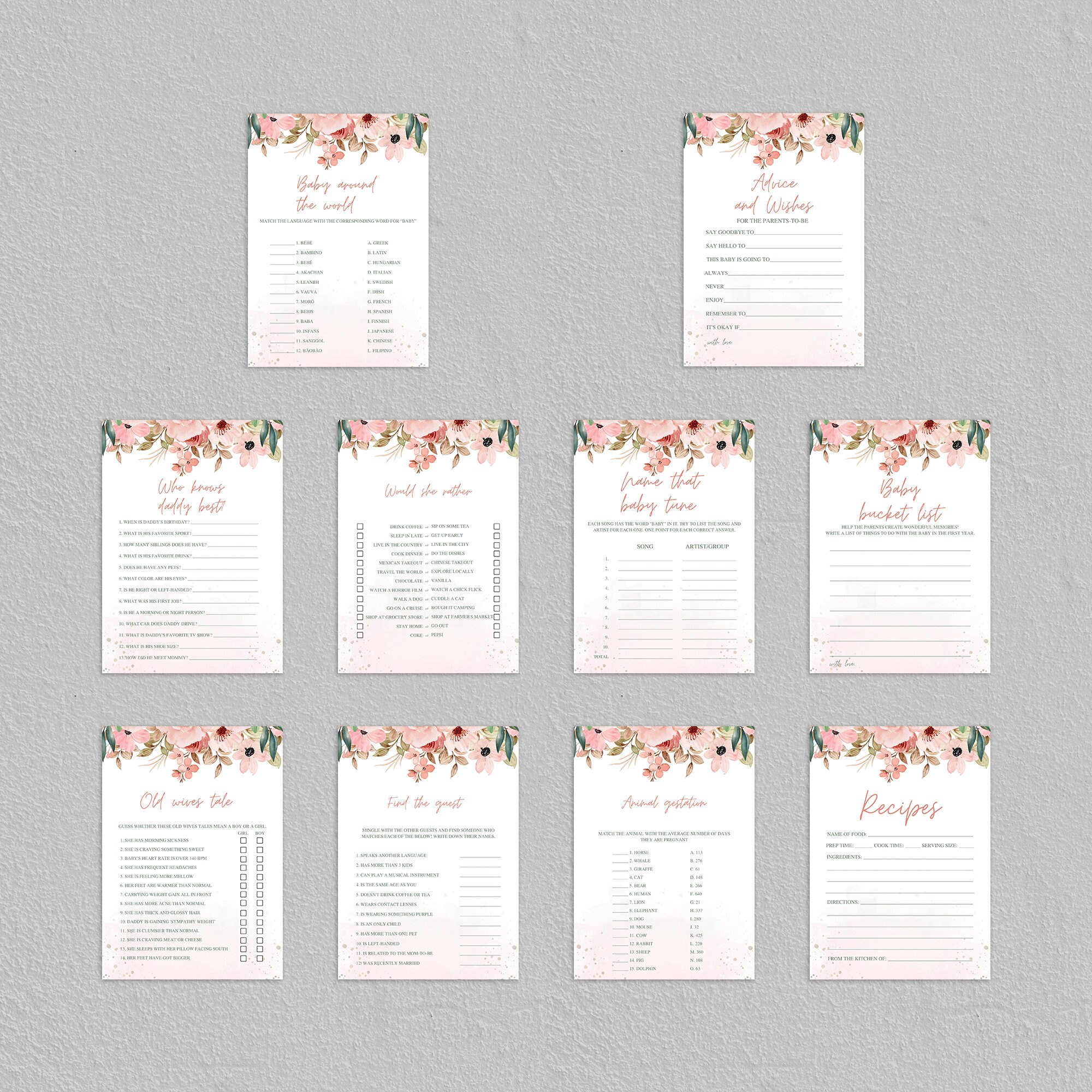 Blush Pink Floral Baby Shower Games Bundle, Editable Baby Shower Games ...