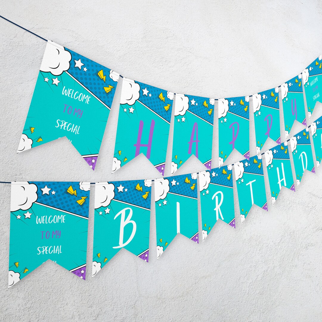 Editable Comic Birthday Banner, Comic Book Hero Birthday Party ...