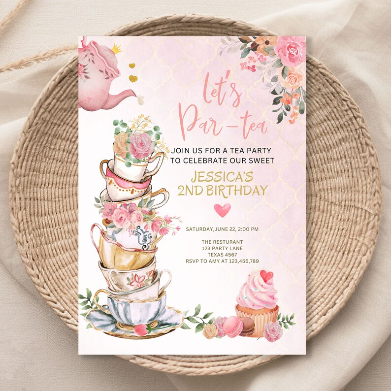 Editable Tea Party Birthday Invitation Girl Par-tea Invite Floral Pink ...