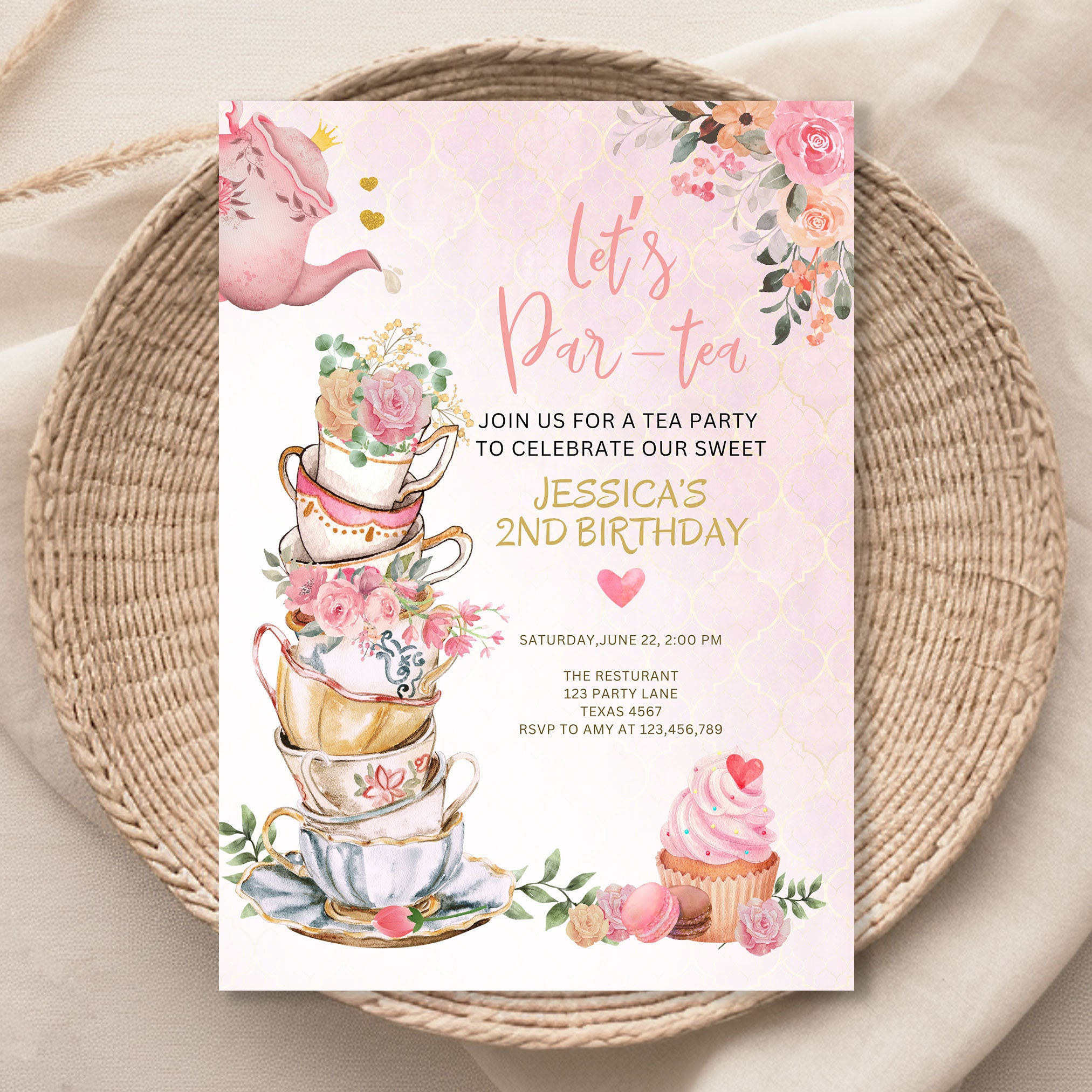 Editable Tea Party Birthday Invitation Girl Par-tea Invite Floral Pink ...