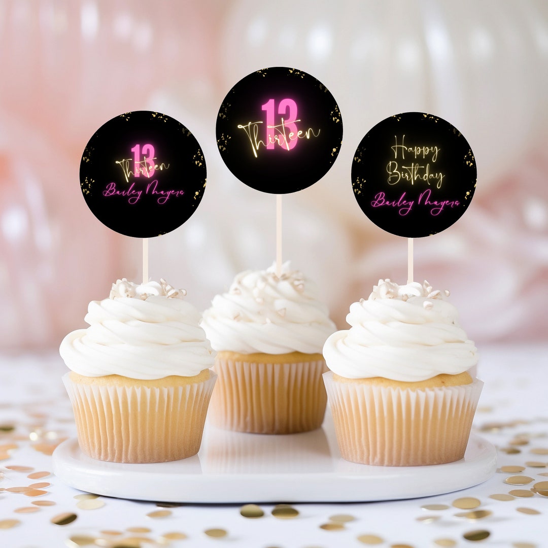 Editable Pink Neon Girl Birthday Cake Topper, Glow Party, Gold Glitter ...