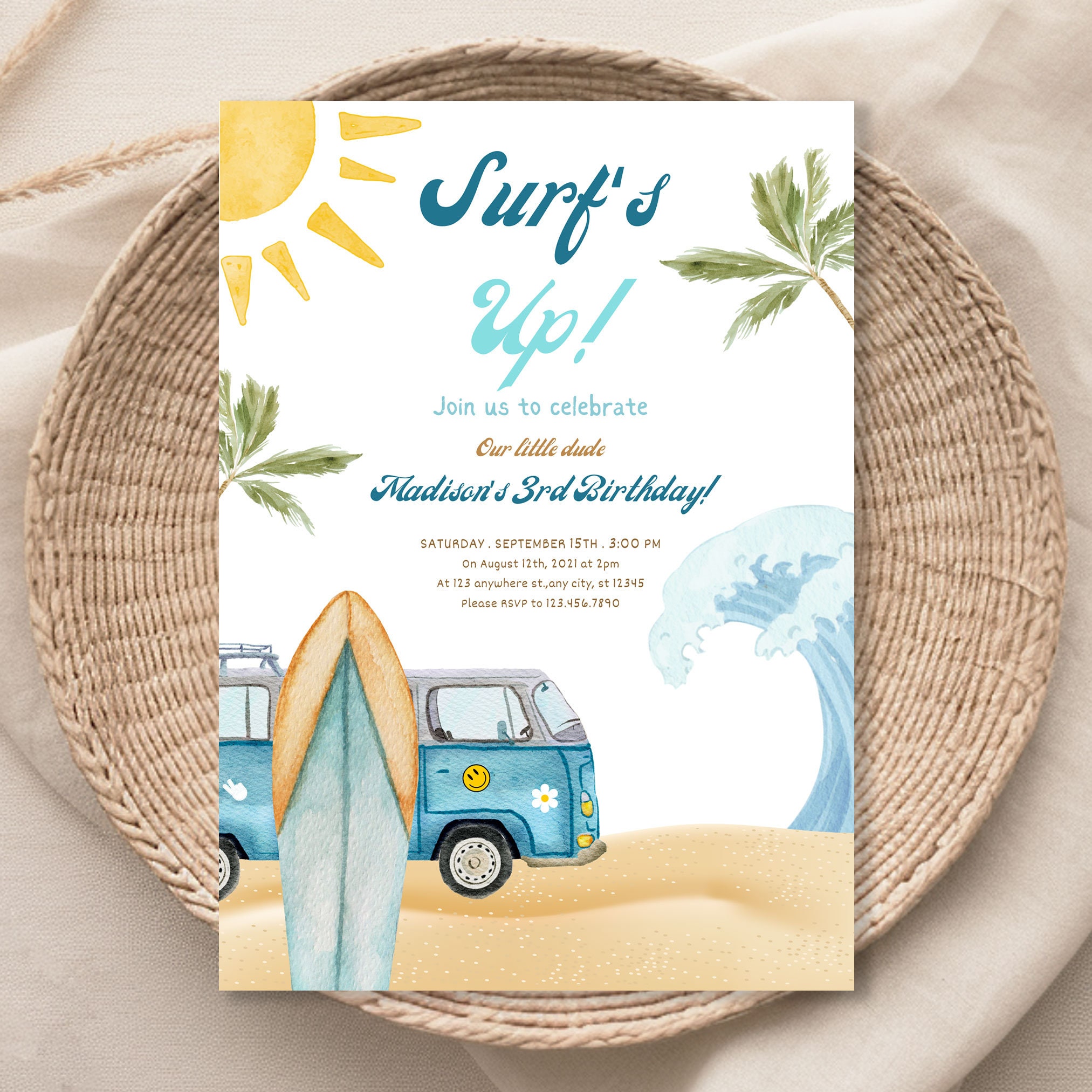 Editable Surf's up Birthday Party Invitation Retro Surfboard Beach ...