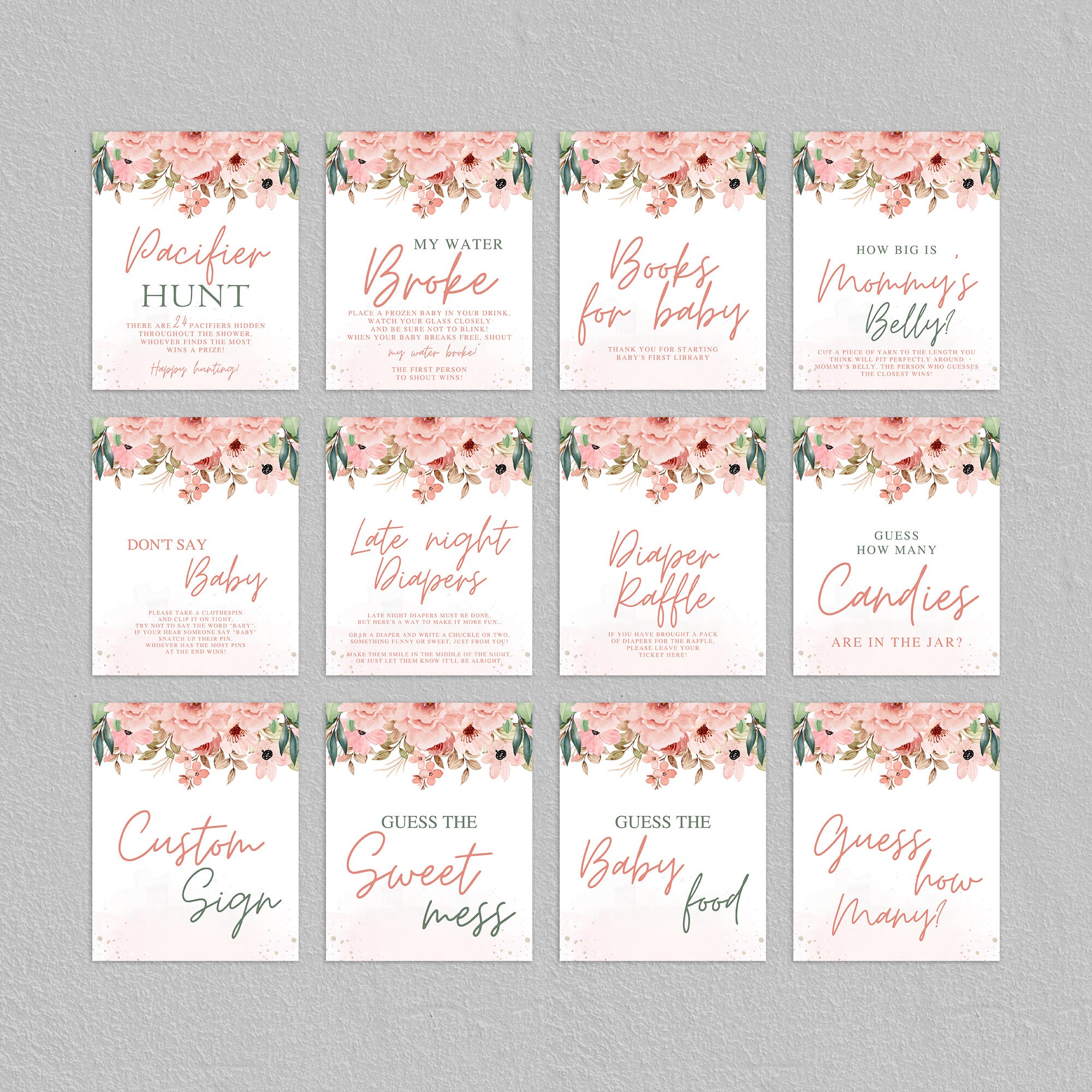 Blush Pink Floral Baby Shower Games Bundle, Editable Baby Shower Games ...