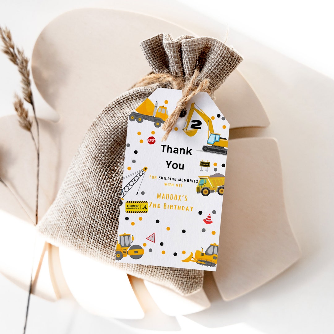 Editable Construction Birthday Party Simple Favor Tags, Thank You Tags ...