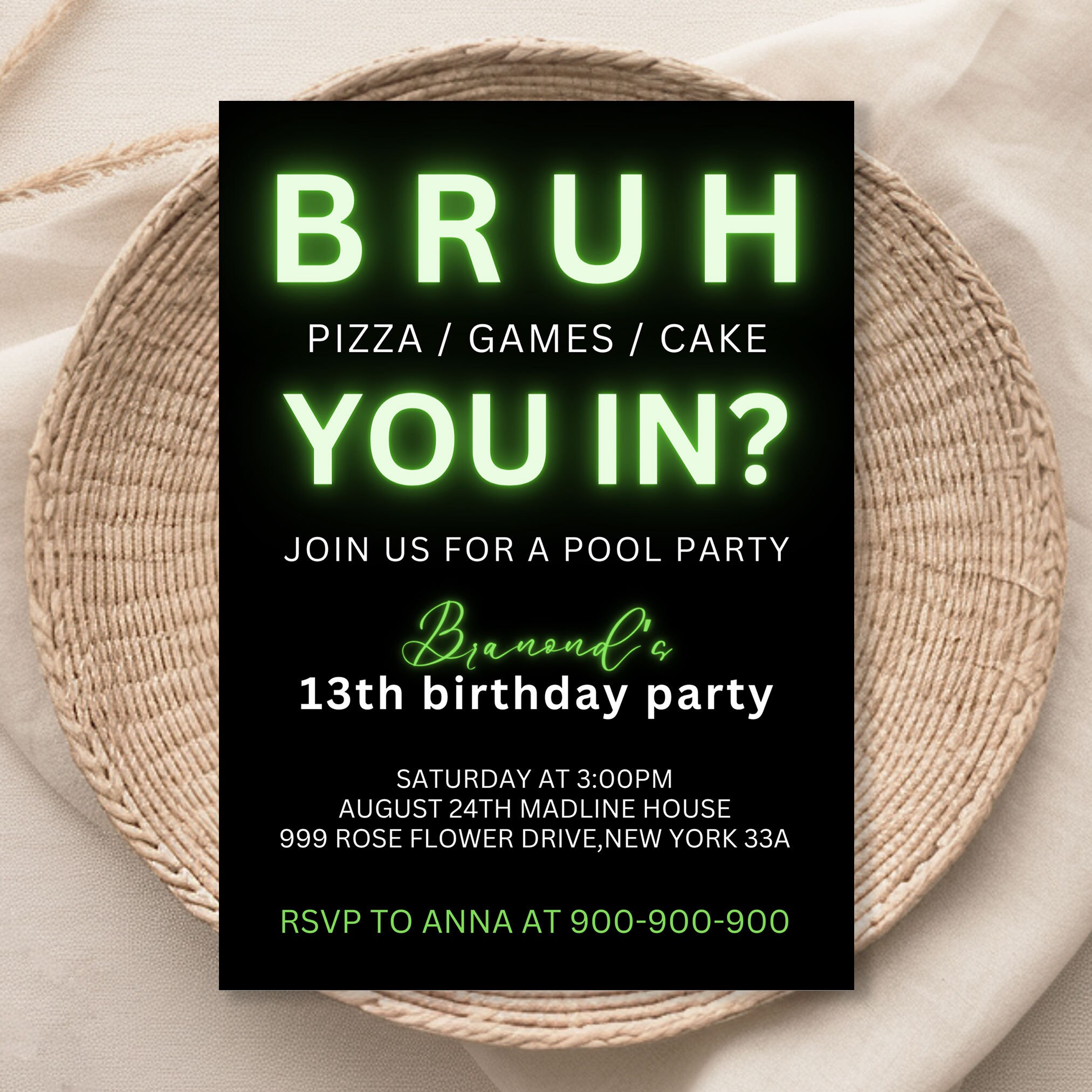 Bruh Neon Birthday Invitation, Boy Birthday Invitation, Teenager ...